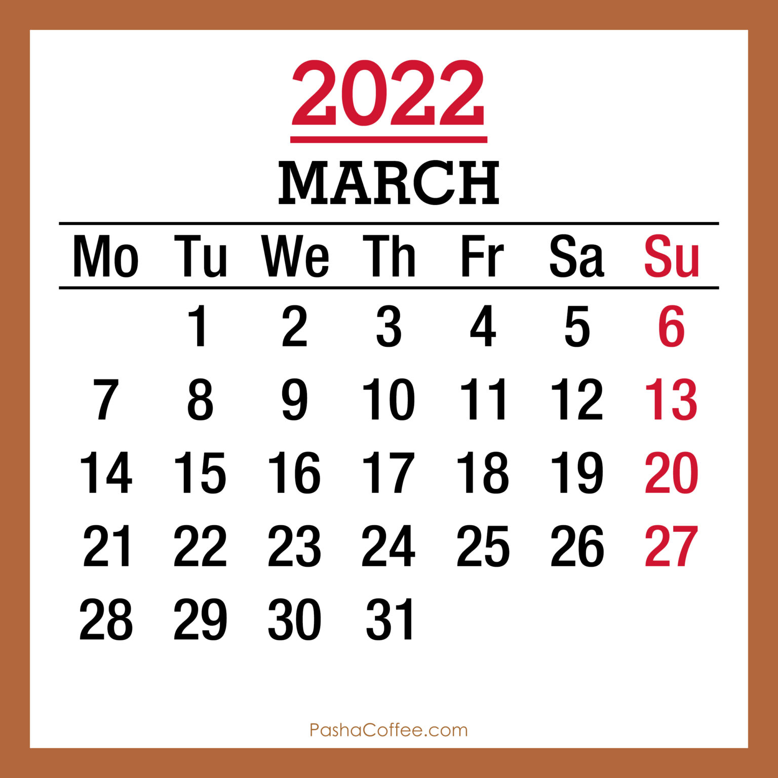 March 2022 Monthly Calendar with Holidays, Printable Free, Beige ...