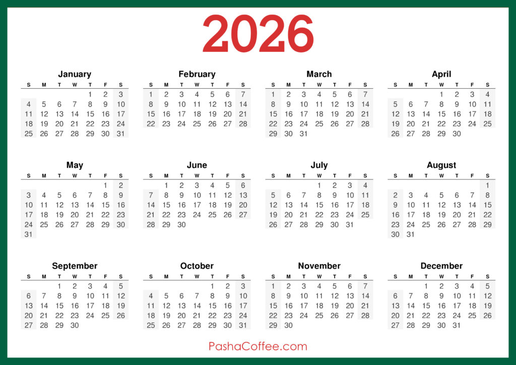 2026 Calendar, Printable Free, Vertical, Sunday Start – PashaCoffee.com