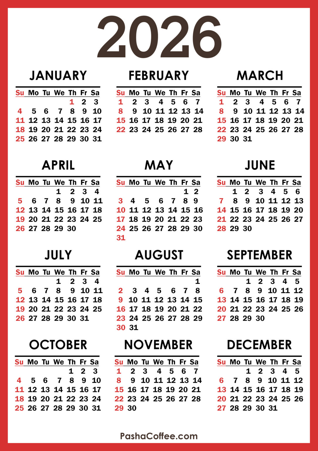 2026 Calendar with Holidays, Printable Free, Vertical, Red ...