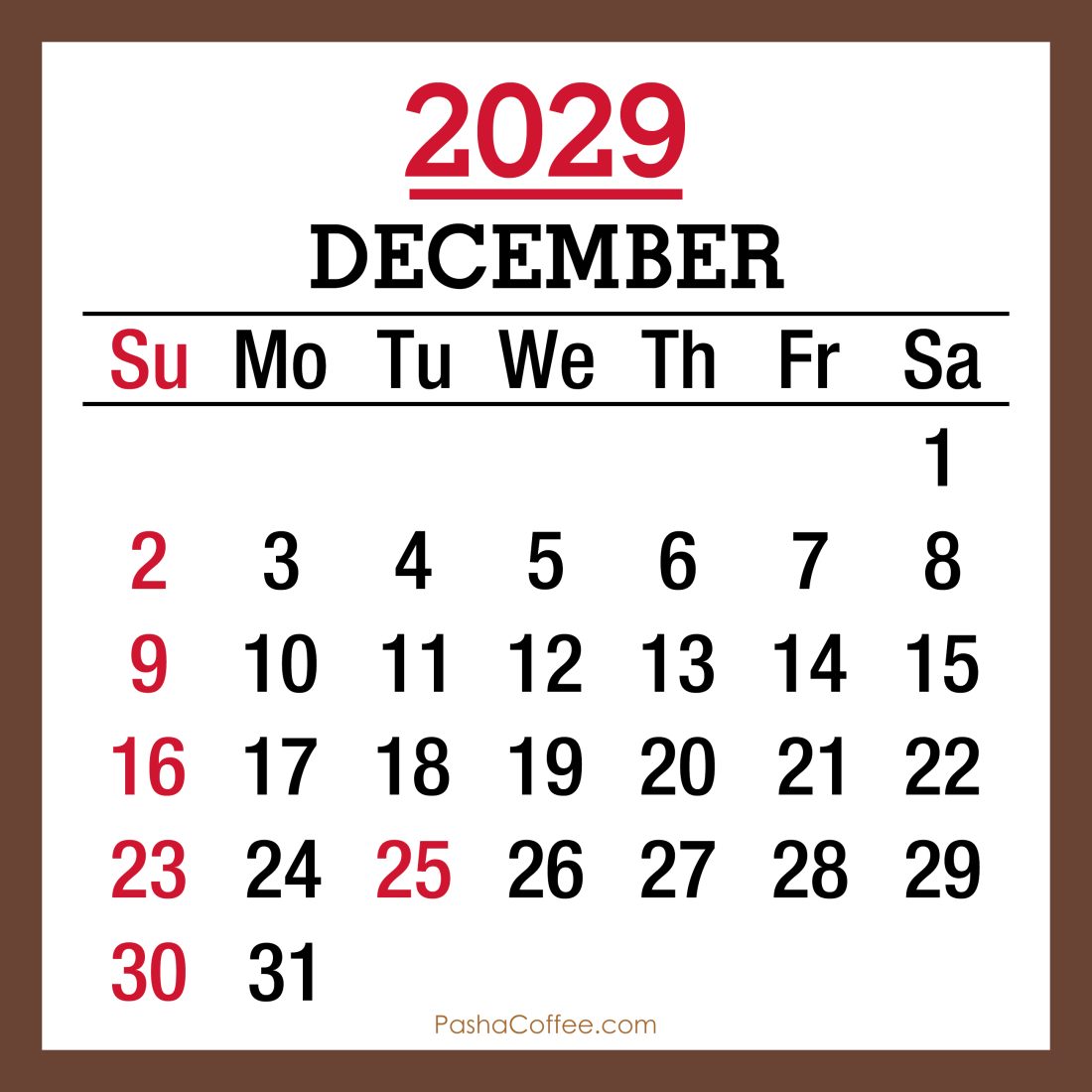 December 2029 Monthly Calendar with Holidays, Printable Free, Sunday ...